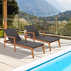HAPPYGRILL 2PCS Patio Chaise Lounge Chair, Outdoor Rattan Recliner with 4-Level Adjustable Backrest, Solid Acacia Wood Frame, Ergonomic Lounge Chair for Backyard Poolside Balcony