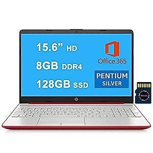 HP Notebook 15 Premium Business Laptop I 15.6” HD SVA Display I Intel Quad-Core Pentium Silver N5000 Processor I 8GB DDR4 128GB SSD I USB-C HDMI Bluetooth Webcam Win10 Red + 32GB MicroSD Card