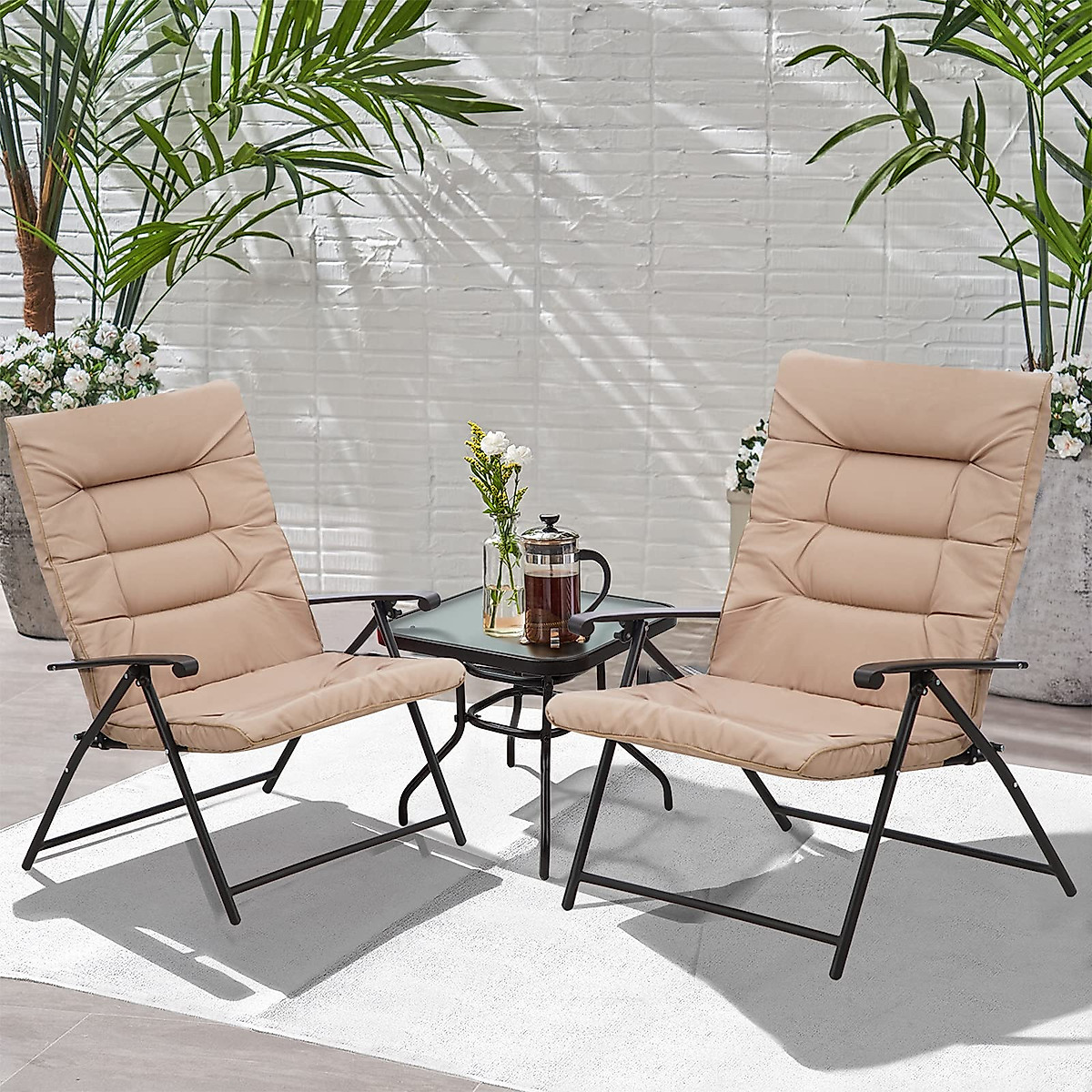 Omelaza 3 Pieces Patio Padded Folding Chair, Outdoor Adjustable Reclining Lounge Chairs with Tempered Glass Table (Beige)