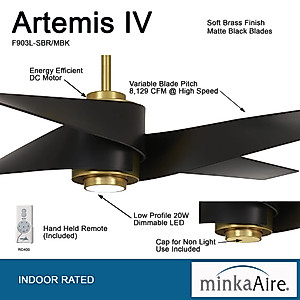 MINKA-AIRE F903L-SBR/MBK Artemis IV 64 Inch Ceiling Fan with LED Light and DC Motor in Soft Brass Finish and Matte Black Blades
