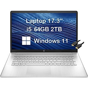 HP 17 Laptop 17.3" HD+ (Intel 4-Core i5-1135G7 (Beat i7-10510U), 64GB RAM, 2TB SSD, UHD Graphics) Home & Business Laptop, Long Battery Life, Anti-Glare, Webcam, Type-C, IST Cable, Win 11 Home, Silver