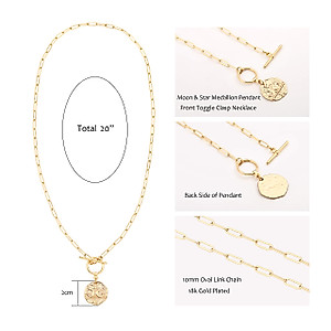 Aobei Pearl Moon and Star Medallion Pendant Necklace 18k Gold Oval Link Chain Choker Large Celestial Charm Layering Jewelry 20’’