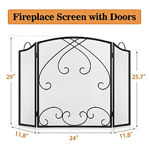 Gtongoko 3 Panel Fireplace Screen with Handles 48" W x 29" H New Version Modern Wrought Iron Decorative Large Fire Spark Guard Grate Heavy Duty for Living Room Home Outdoor Decor, Black