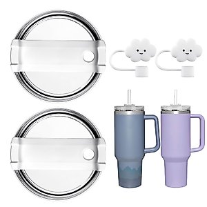 AUAUY 2 PCS Tumbler Lids with 2PCS Dust-proof Cloud Straw Covers for Stanley Quencher H2.0 40 oz and Stanley Adventure Quencher 40 oz, Leak Proof Replacement Lids, White Lids for Tumblers