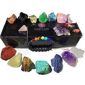 Chakra Therapy Starter Collection 17 pcs Healing Crystals kit, 7 Raw Chakra Stones,7 Colorful Gemstones, Amethyst,Rose Quartz Pendulum,Chakra Lava Bracelet,Dry Roses,Guide,COA,Gift Ready
