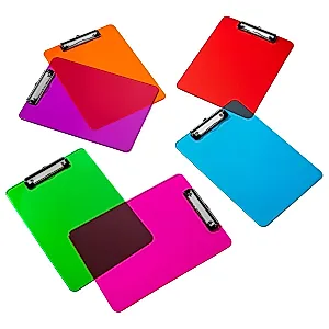Plastic Clipboards (Set of 6) Multi Pack Clipboard (Colored Assorted) Strong 12.5 x 9 Inch | Holds 100 Sheets! Acrylic Clipboards with Low Profile Clip | Cute Clip Boards Board Clips