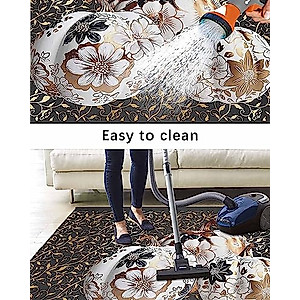 Outdoor Area Rug for Patio,Fall Thanksgiving Pumpkin Black Camping Rugs Indoor Large Floor Mat 5x8ft,White Floral Gold Leaves Outside Carpet for Deck RV Picnic Porch Backyard Bedroom Living Room