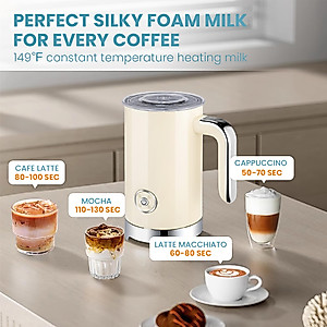 SUSTEAS Milk Frother and Steamer, Electric 4 in 1 Warm and Cold Foam Maker, Automatic Shut-Off Frother with Two Whisks for Latte, Cappuccino, Hot Chocolate, 500W, Beige, 8oz/240ml