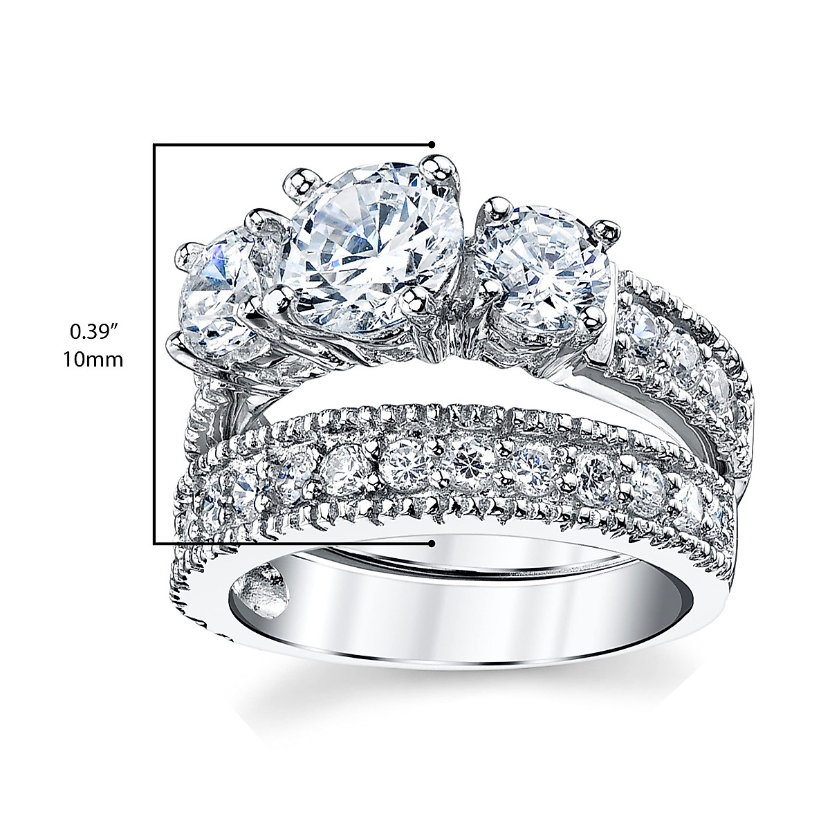 1.25 Carats Sterling Silver Past Present Future 2-Pc Bridal Set Cubic Zirconia Engagement Wedding Ring Band