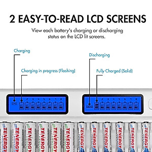 Tenergy 24 Pack 1.2V AA NiMH Rechargeable Batteries with TN438 Charger, Precharged 24xAA Batteries Ideal for Everyday Household Electronics