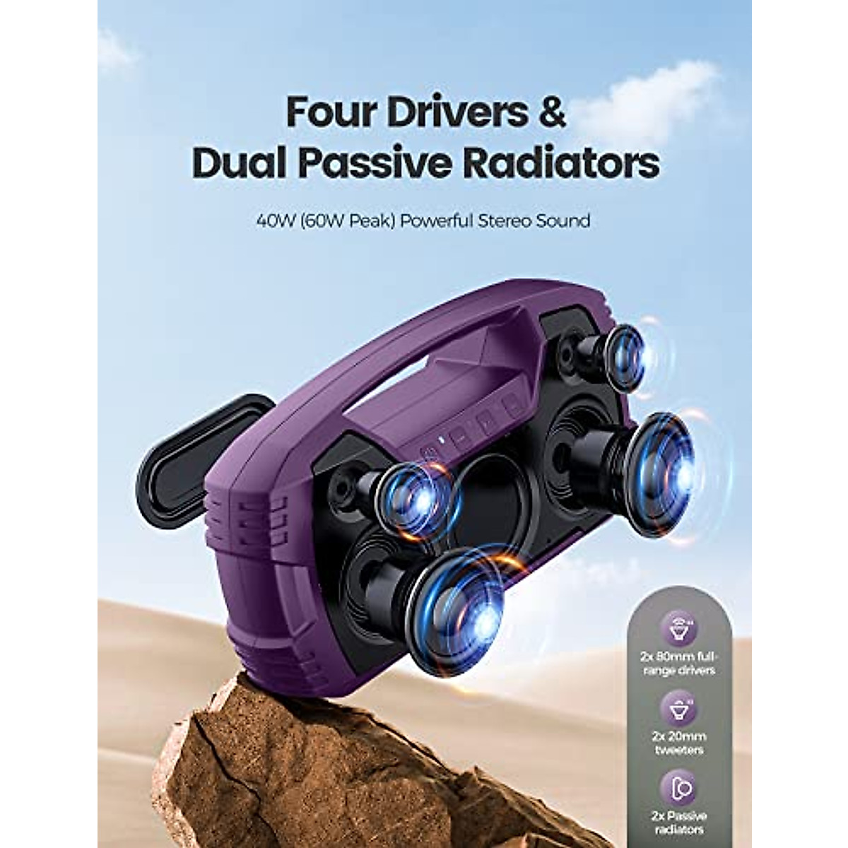 IPX7 Waterproof Bluetooth Speaker, 40W Portable Wireless Speaker, 32H Playtime, Stereo Loud Sound, Deep Bass, Outdoor Speaker with Handle, Bluetooth 5.0, Built-in Mic, for Party,Pool, Camping-Purple