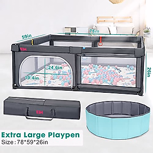 EIH 79 Inch x 59 Inch Large Baby Playpen with Ocean Ball Pit & 100PCS Balls Play Yard for Babies and Toddlers Indoor and Outdoor Kids Activity Center, Dark Grey