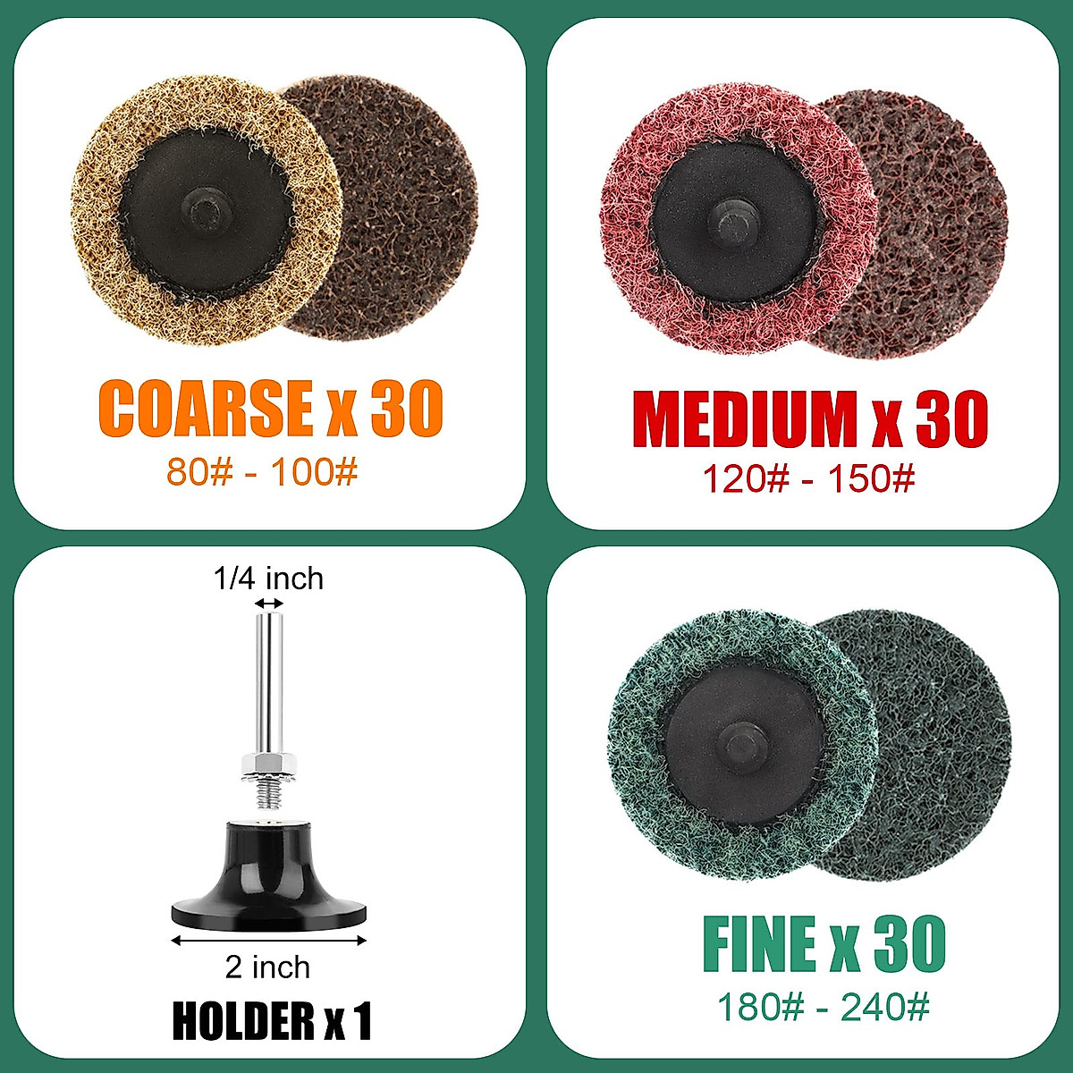 90pcs 2 inch Quick Change Sanding Discs, SUNJOYCO Nylon Surface Conditioning Discs, 1/4" Roll Lock Holder Die Grinder Sanding Disc for Surface Strip Grind Polish Burr Finish-Fine Medium Coarse