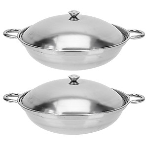 Kichvoe Stainless Steel Wok Pan with Lid 2pcs Double Handle Everyday Pan Nonstick Frying Pan Shabu Pot Seafood Cookware Fits All Stoves for Home Outdoor Camping BBQ 24cm