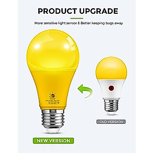 LOHAS Yellow LED Bug Light Bulbs Outdoor, A19 9W Auto On/Off Bug Lights for Outside, 2000K Amber Porch Light Bulb 60W Equi, Non-Attracting, E26 Base, Not-Dimmable, Ideal for Patio, Backyard, 2 Pack