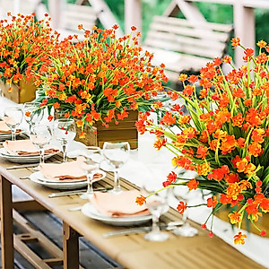 BINDUO 6 Pcs Fake Fall Flowers Artificial Plants Outdoor Daffodil UV Resistant Faux Plastic Flowers Greenery Shrubs Hanging Planter for Home Kitchen Bathroom Garden Patio Balcony Window Decor (Orange)