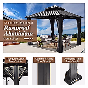 GARTOO 10'x10' Outdoor Double Roof Galvanized Hardtop Gazebo - Heavy-Duty Aluminum Frame Iron Top Gazebo with Breathable Netting & Curtains for Patio, Garden, Lawn, Deck, Backyard