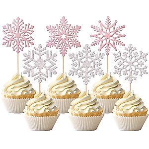 36 PCS Snowflake Cupcake Toppers Glitter Winter Frozen Theme Cupcake Picks Little Snowflake Cake Decorations for Winter Wonderland Baby Shower Kids Birthday Christmas Party Supplies Silver Pink
