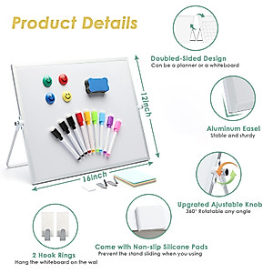 Dry Erase White Board,16”X12” Large Magnetic Calendar Whiteboard with Stand, 9 Markers, 4 Magnets,1 Eraser, Double-Sided Portable Whiteboard Easel for Office, Students Memo to Do List