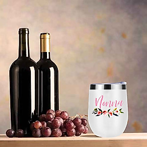 Waldeal Nonna Floral Wine Glass 12 oz, Double Wall Vacuum Insulated Travel Tumbler with Lid and Straw, Stainless Steel Stemless Coffee Cup for Women Grandma, White