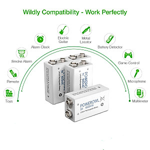 POWEROWL 9V Rechargeable Batteries 600mAh Lithium-ion Low Self Discharge Battery for Smoke Dectector and More 4 Pack