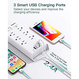 Addtam Power Strip Surge Protector 6 Outlets and 3 USB Ports 5Ft Long Extension Cord, Flat Plug Overload Surge Protection Outlet Strip, Wall Mount for Home, Office and Dorm