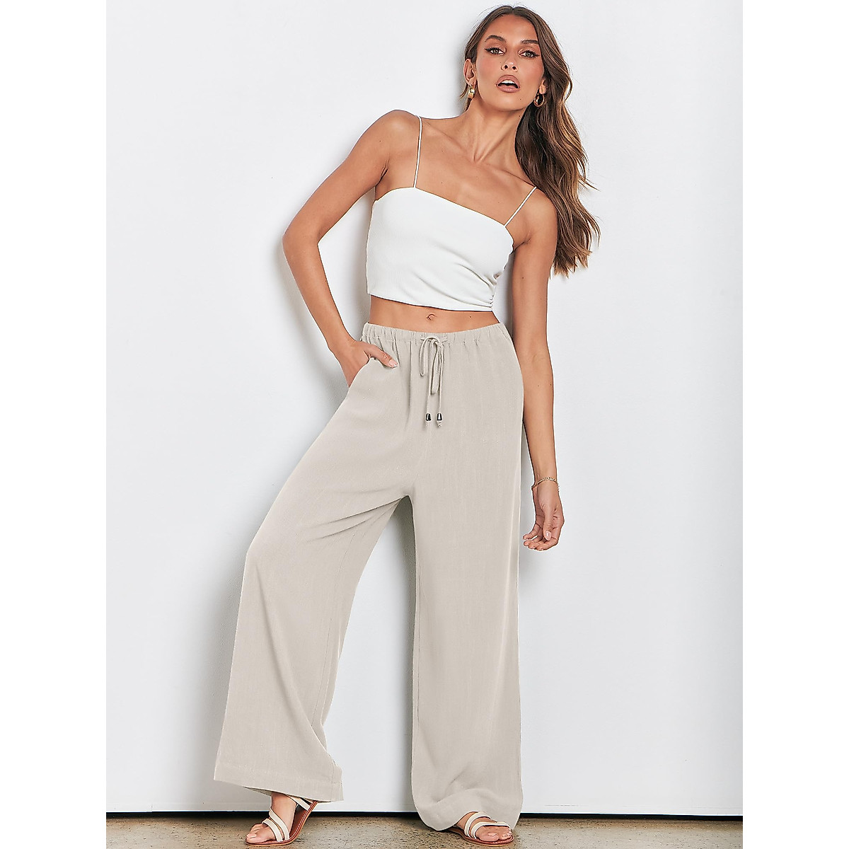 ANRABESS Women's Linen Summer Palazzo Pants Elastic Waist Casual Beach Trendy Wide Leg Trousers with Pockets Large Apricot