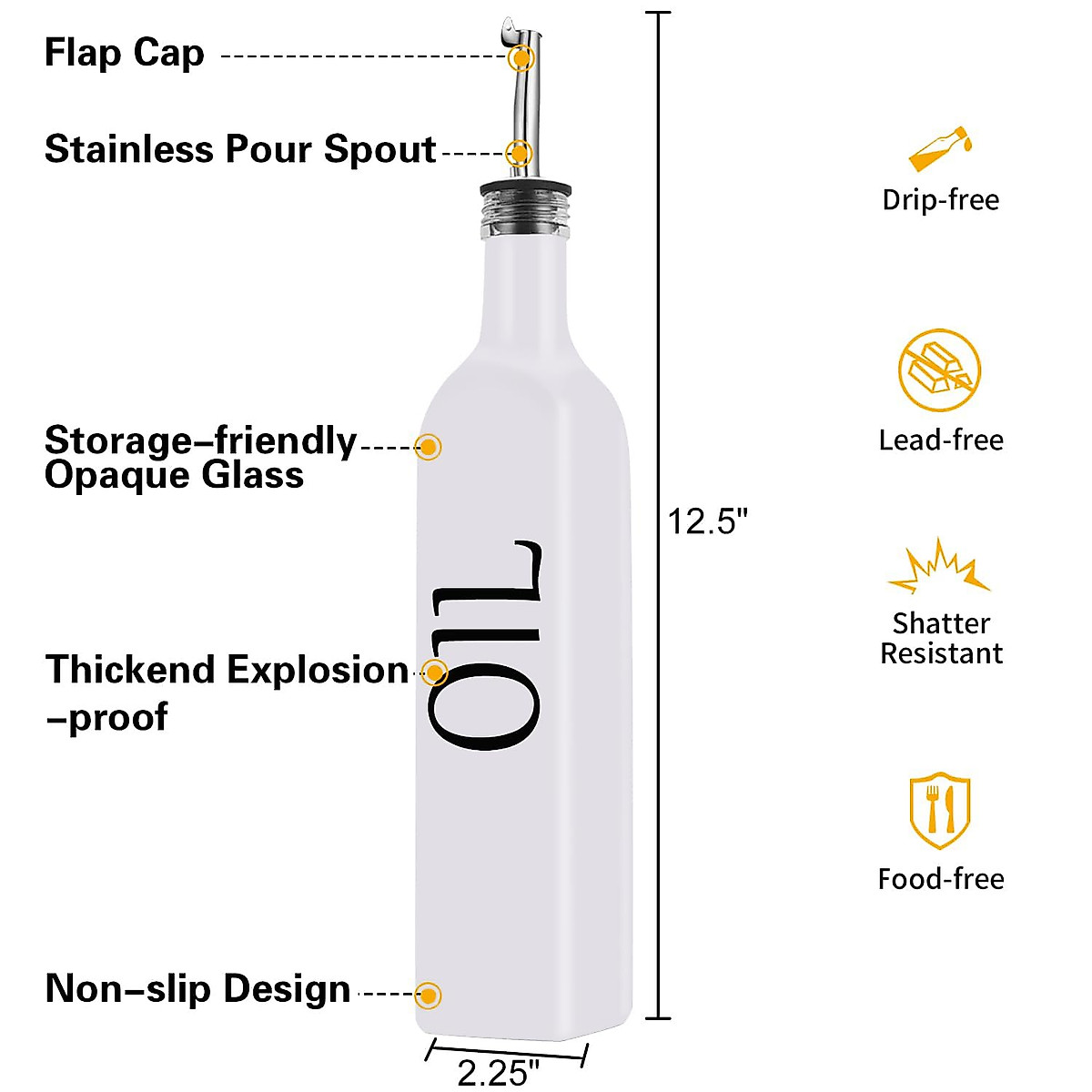DIMBRAH Olive Oil Dispenser, Oil Dispenser Bottle for Kitchen, White Olive Oil Bottle with 2 No-drip Pourers and Funnel, Farmhouse Glass Oil Bottle - [SINGLE PACK]