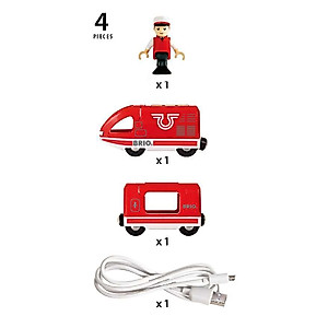 BRIO World 33746 - Travel Rechargeable Train Set | 4 Piece Wooden Toy Train Set for Toddlers | Includes USB Charging Cable | Compatible with All BRIO Sets