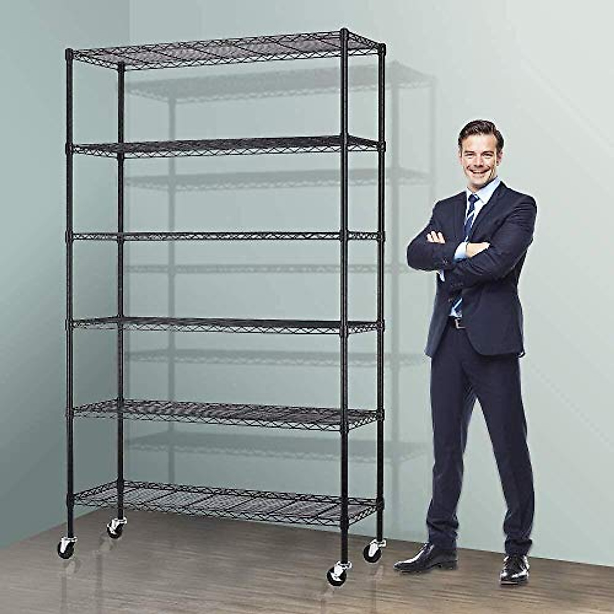 Storage Metal Shelf Wire Shelving Unit with Wheels 82"x48"x18" Sturdy Steel Heavy Duty 6 Tier Layer Rack with Casters for Restaurant Garage Pantry Kitchen Garage Rack Black