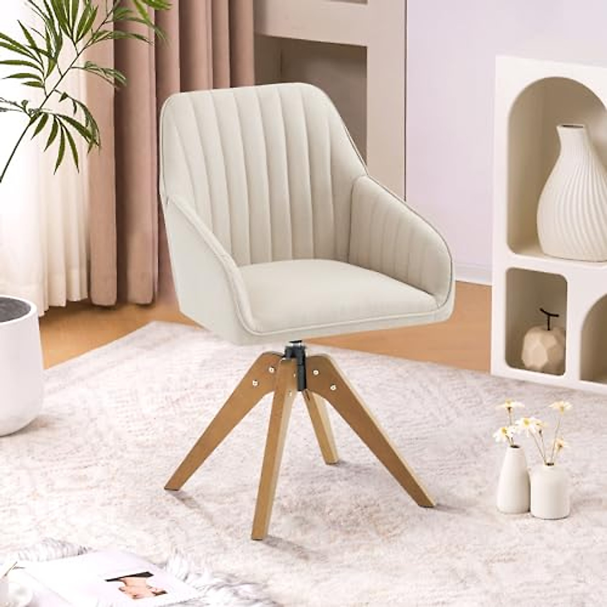 Furniliving 36.8'' Mid Century Modern Swivel Accent Chair for Living Room, Wood Desk Chair with Arms Mid Back Arm Chairs Upholstered Home Office Chair No Wheels for Home Office/Bedroom, Beige