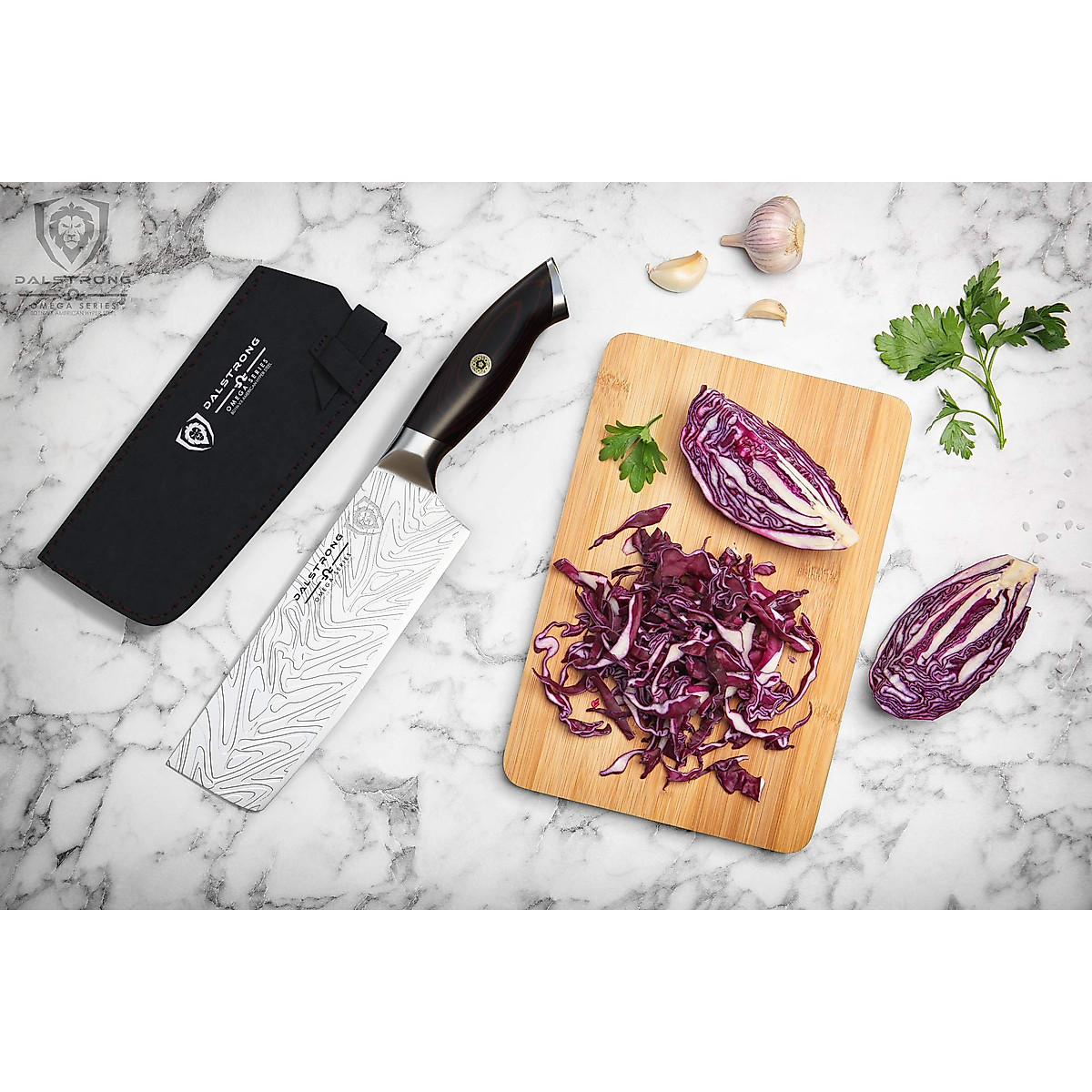 Dalstrong Nakiri Knife - 7 inch - Omega Series - BD1N-V Hyper Steel Kitchen Knife - G10 Woven Fiberglass Handle - Razor Sharp Knife - Professional Vegetable Cooking Knife - Leather Sheath Included