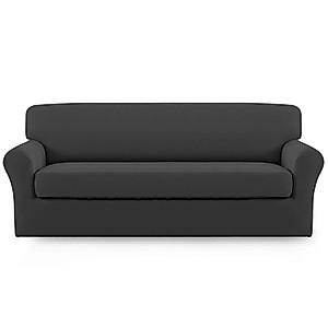 Easy-Going 2 Pieces Microfiber Stretch Sofa Slipcover – Spandex Soft Fitted Sofa Couch Cover, Washable Furniture Protector with Elastic Bottom Kids,Pet （Sofa, Dark Gray）