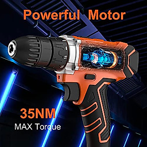 Cordless Drill, Bravolu 21V Cordless Electric Drill Set with 1 x 2Ah Battery, Torque 18 + 2, 310 in-lbs Max, 3/8-Inch Keyless Chuck 1500RPM 2 Variable Speeds and LED light, for Drilling Wood and Metal