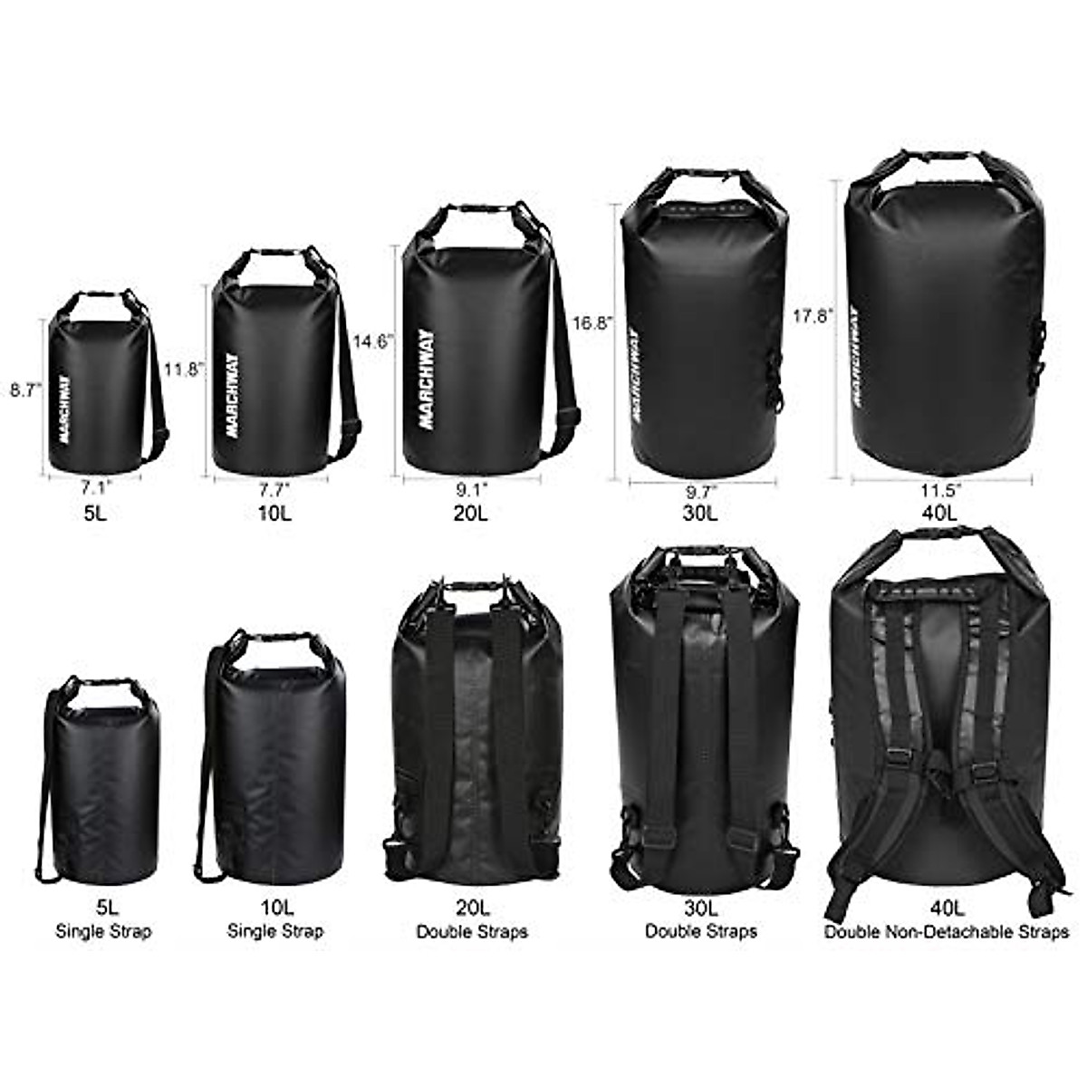 MARCHWAY Floating Waterproof Dry Bag 5L/10L/20L/30L/40L, Roll Top Sack Keeps Gear Dry for Kayaking, Rafting, Boating, Swimming, Camping, Hiking, Beach, Fishing (Black, 10L)