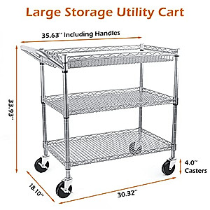 WDT Heavy Duty 3 Tier Rolling Utility Cart, Kitchen Metal Utility Carts with Handle Bar, Utility Shelf Plant Display Shelf Food Cart Storage Trolley with Wheels, Silver