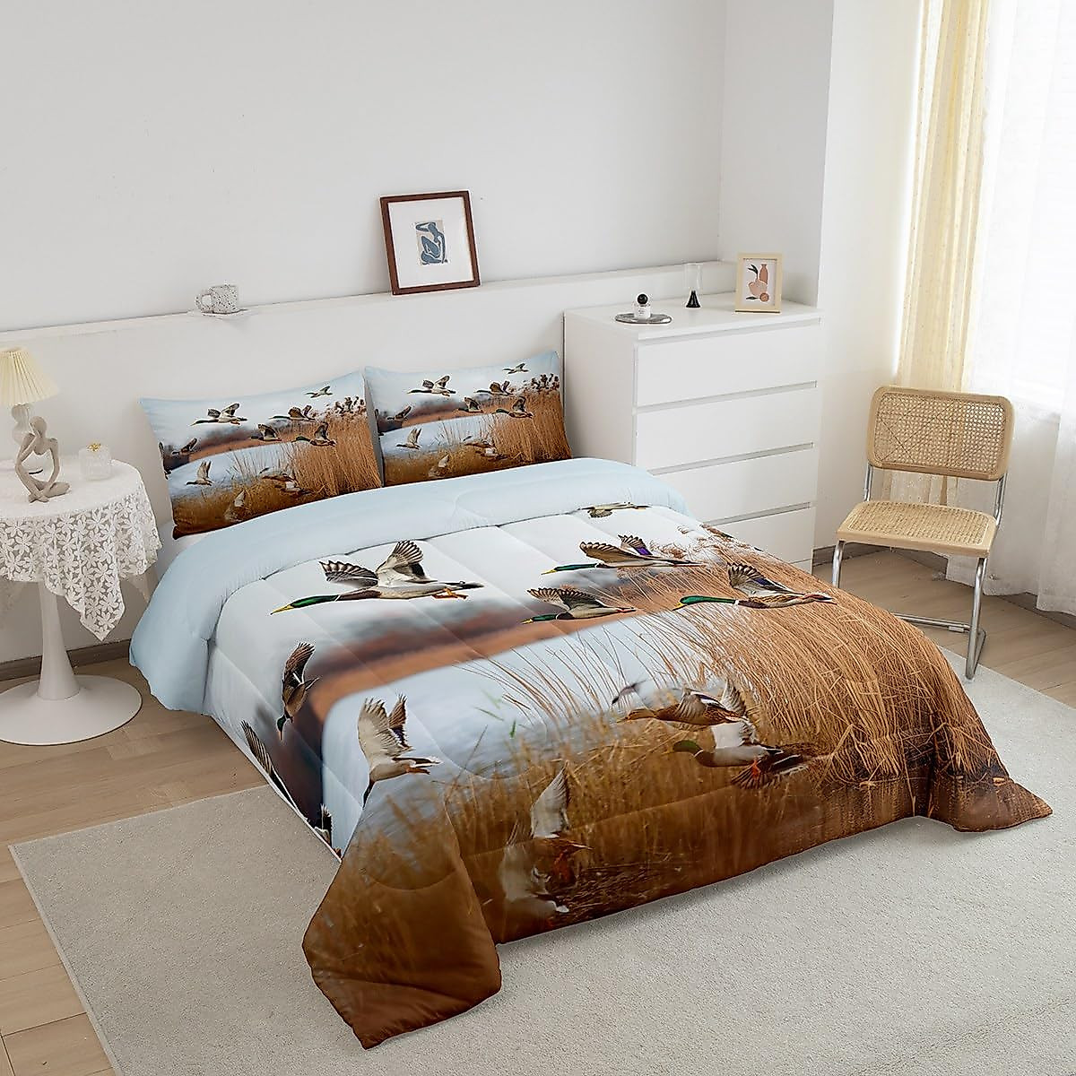 Erosebridal Mallard Duck Duvet Insert Duck Hunting Themed Comforter Set for Kids Teens Adults Mallard Duck Bird Printed Bedding Set Rustic Natural Lake Scenery Quilt with 2 Pillowcases,Queen Size