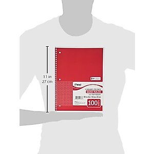 Mead Spiral Notebook, 1-Subject, Graph Ruled Paper, 7-1/2" x 10-1/2", 100 Sheets, Color Will Vary (05676)