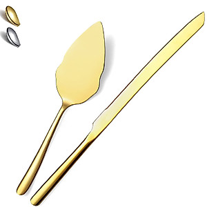 Gold Wedding Cake Knife and Server Set, Stainless Steel Cake Cutting Set for Wedding, Include Cake Cutter and Cake Server for Wedding, Parties, Activities, Family, Dishwasher Safe (Shiny Gold)