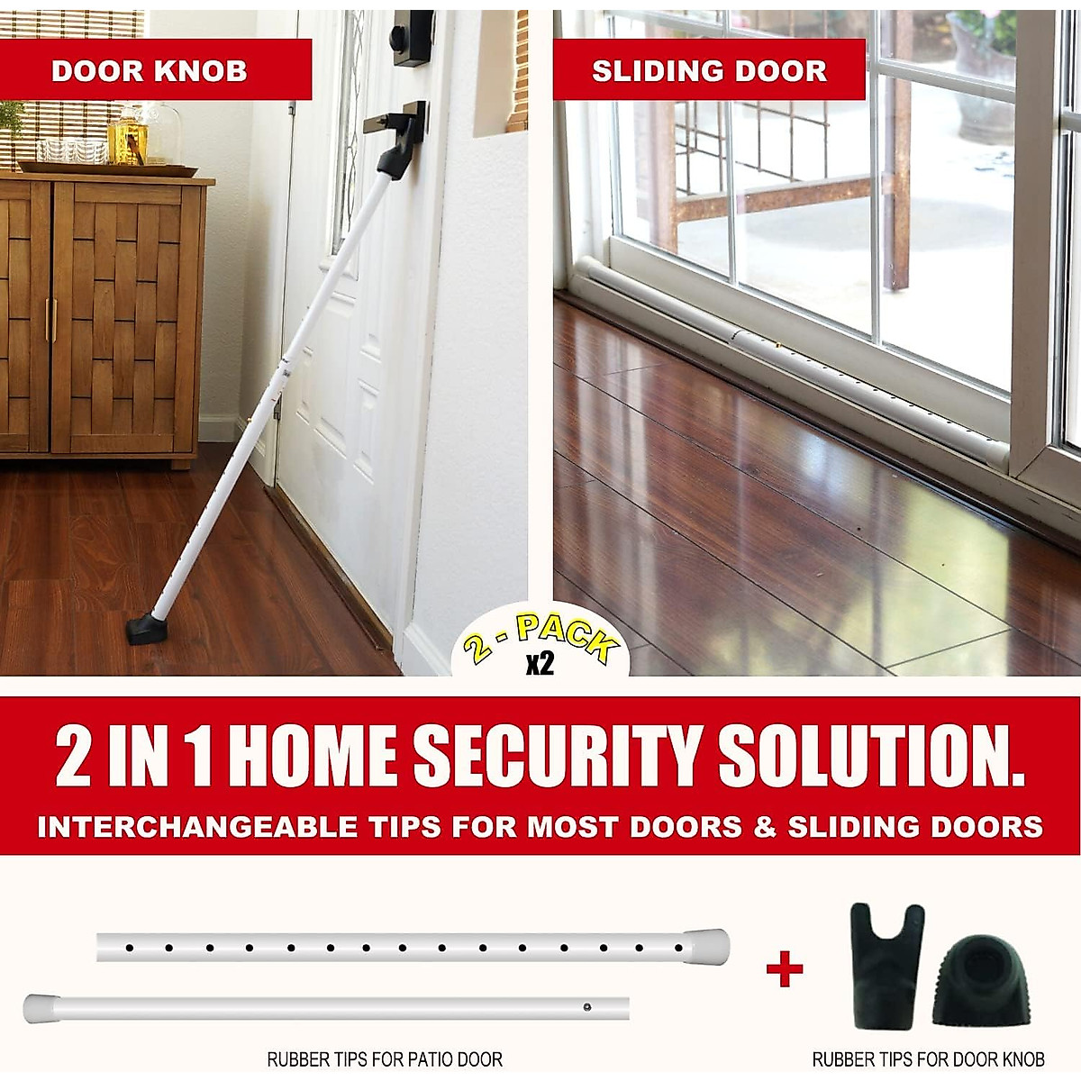 Door Security Bar, SecurityMan Heavy Duty 2-in-1 Door Stoppers Security Bar and Sliding Door Lock Bar (2 Pack) - Perfect Adjustable Door Jammer Door Stopper for Home, Hotel, and Apartment Security