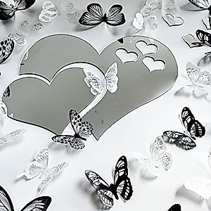 36pcs 3D Crystal Butterfly and 5pcs Silver Acrylic Mirror Hearts Wall Stickers with Adhesive Art Decal Satin Paper Baby Kids Bedroom Home DIY Decor Removable Stickers (36 Butterfly and Silver Heart)