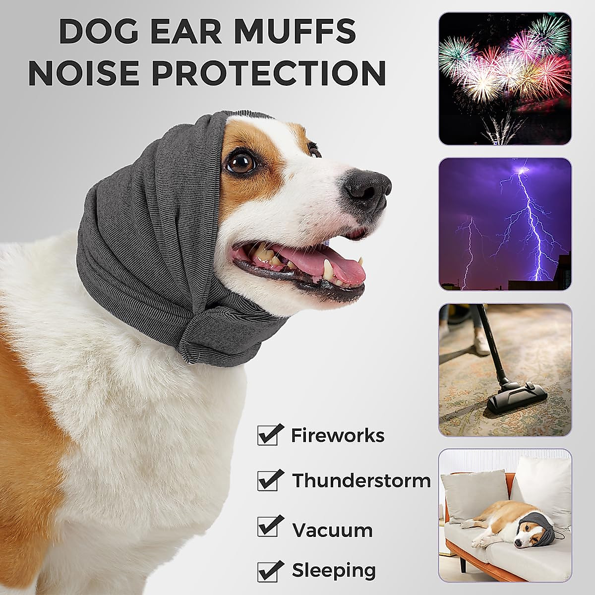 HEYWEAN Quiet Ears for Dogs Calming Headband with Ear Wraps for Anxiety Relief & Noise Protection Dog Ear Muffs for Grooming Bathing Grey Medium