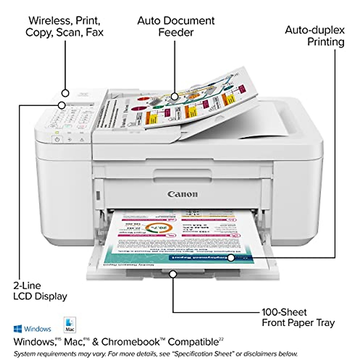 Canon PIXMA TR4720 Wireless Color All-in-One Inkjet Printer, White - Print Copy Scan Fax - 4800 x 1200 dpi, Auto 2-Side Printing, 20-Sheet ADF, 2-Line LCD Display, DAODYANG Printer_Cable