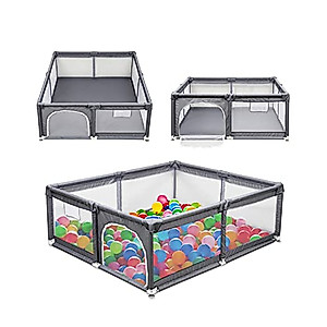 PlayPen for Babies and Toddlers-Aukivon 71"x59" Extra Large Baby Playpen with Storage Bag Baby Playard with Door, 2 Pull Rings & 50 Ocean Balls for Kids for Indoor & Outdoor, Anti-Collision, Grey