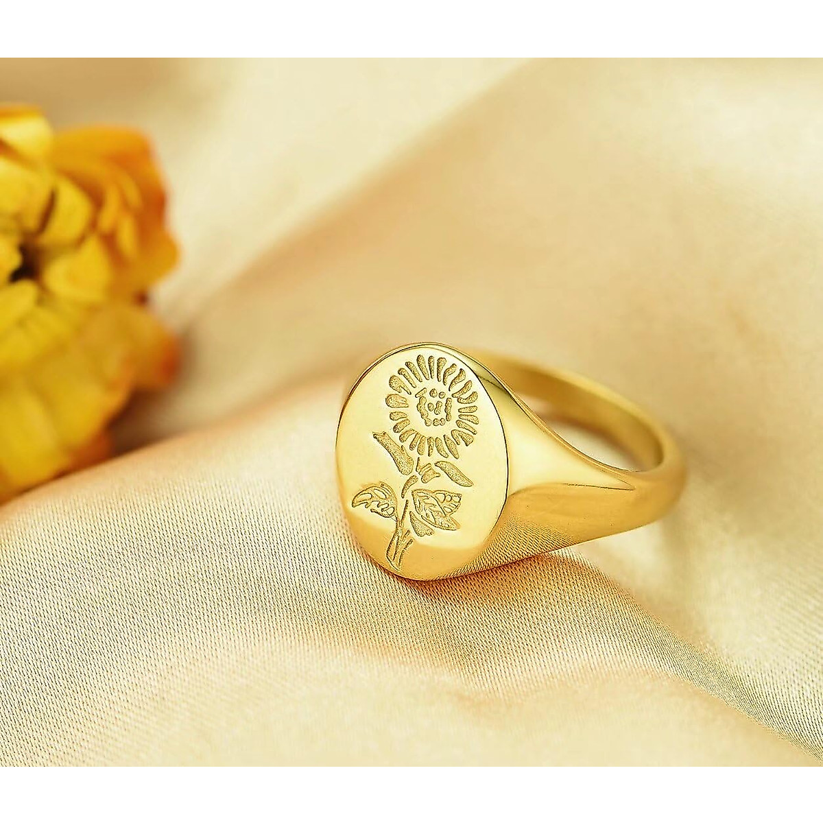 BAOWING Sunflower Rings for Women | Gold Chunky Dome Signet Ring | Stainless Steel Minimalistic Statement Jewelry Gift 18K Gold Size 5
