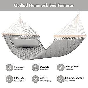 ANOW Heavy Duty Hammock with Spreader Bars and Detachable Pillow, 2 Person Hammock for Outdoors Indoors, 450 LBS Weight Capacity, Light Gray