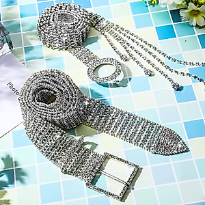 Vicenpal Rhinestone Belt 2 Pieces Shiny Crystal Ladies Waist Belt O Ring Belts for Women Wide Silver Chain Belt Bling Diamond Belt