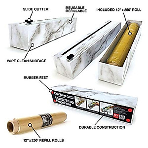 ChicWrap Marble Refillable Plastic Wrap Dispenser with 250' of Professional BPA Free Plastic Wrap - Reusable Dispenser with Slide Cutter