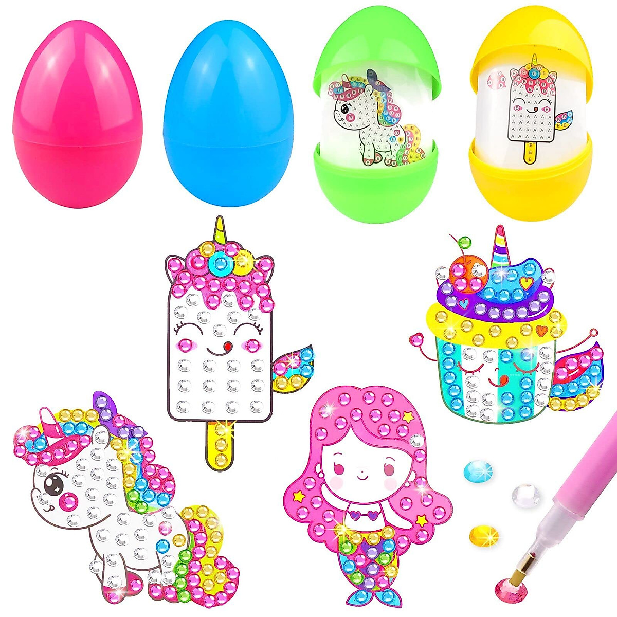 Easter Eggs Easter Basket Stuffers Filled 4 Eggs with Diamond Art Stickers Kit Inside, Colorful Large Plastic Easter Egg Fillers Easter Gifts for Kids Toddlers Teens Easter Toys Easter Egg Stuffers