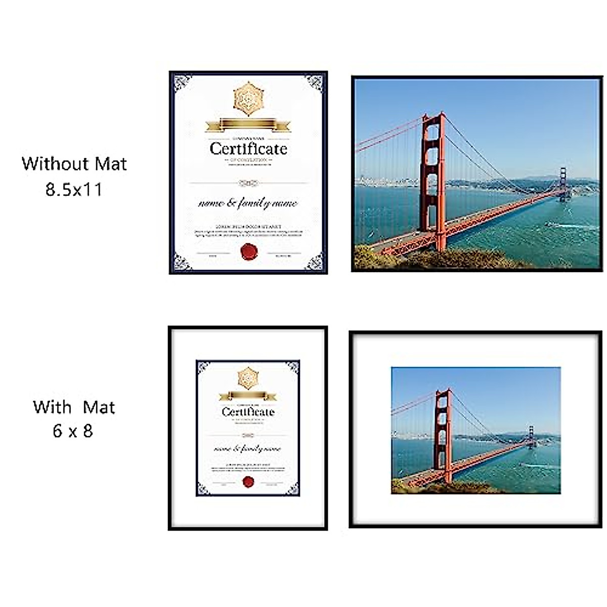 PEALSN 8.5 x 11 Picture Frame Set of 6, Display Pictures 6x8 with Mat or 8.5 x 11 Without Mat for Wall Mounting Display, Photo Frames Collage for Wall Decor, Black.